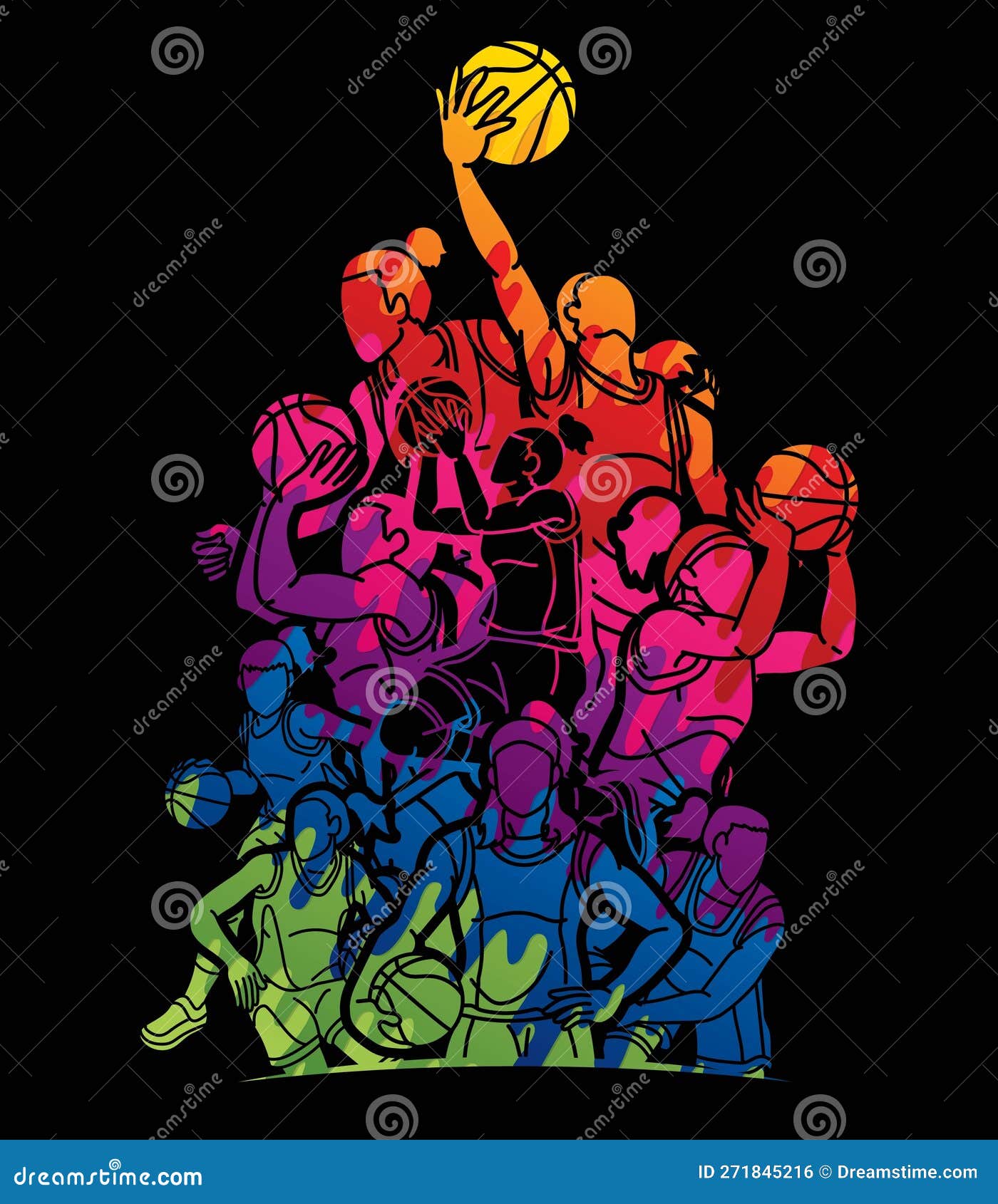 Basketball Team Women Players Action Cartoon Sport Team Graphic Vector ...