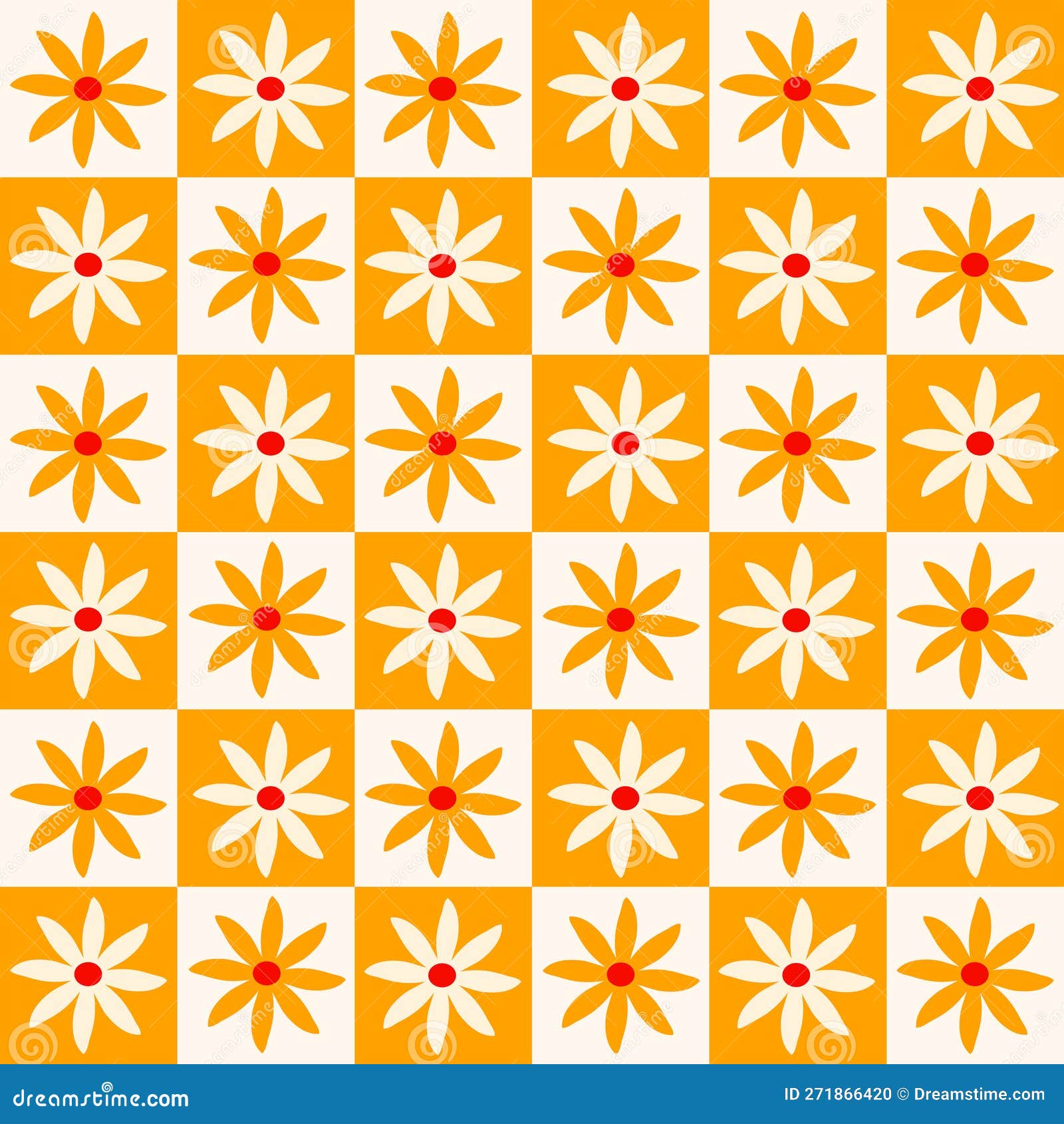 Cute Retro Flowers Seamless Pattern on Orange and White Checkerboards ...