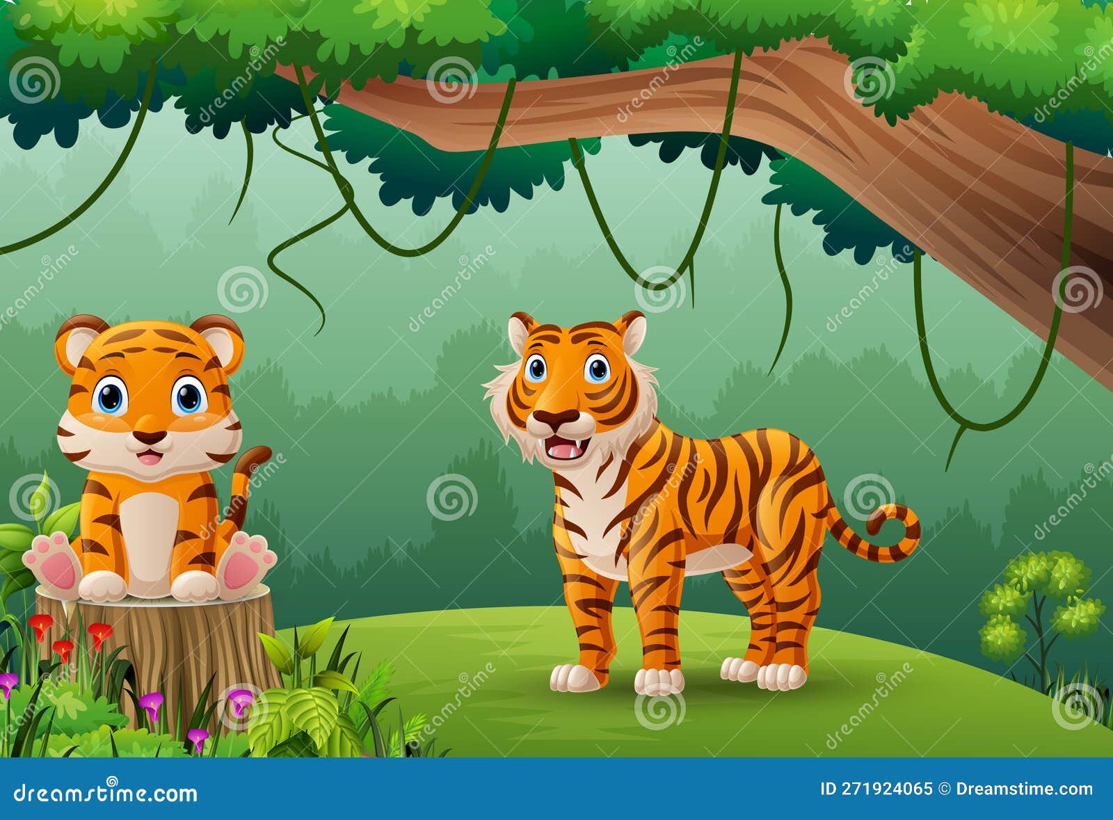 Cartoon Tigers in the Jungle Stock Vector - Illustration of leaves ...