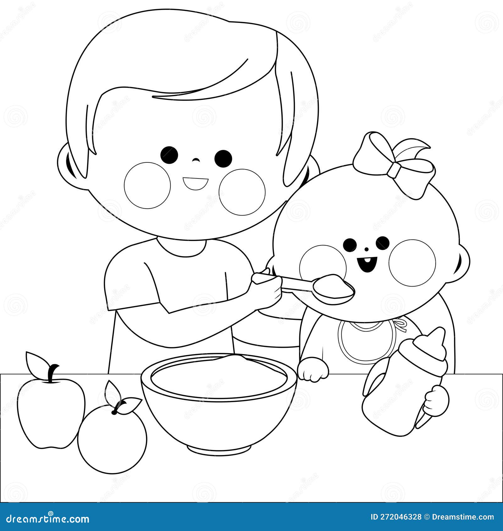 Father Feeding His Baby a Bowl of Cereal and Fruit. Vector Black and ...