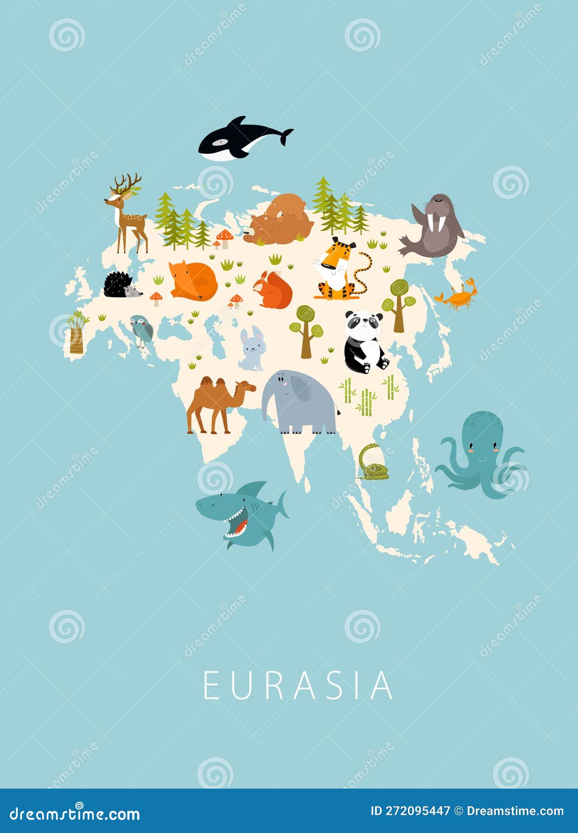 Print. Vector Map of Eurasia with Animals. Tiger, Bear, Elephant ...