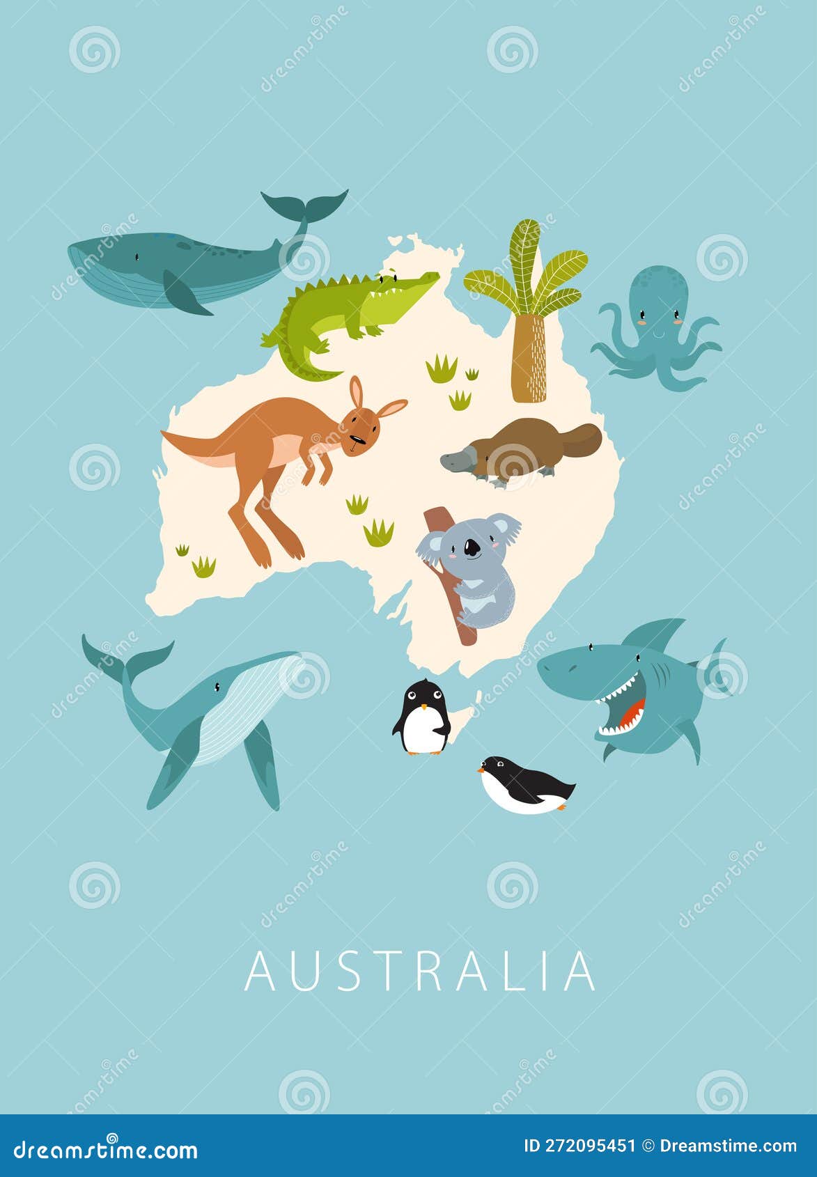 Print. Vector Poster "Australia" with Animals of the Continent. Cartoon ...