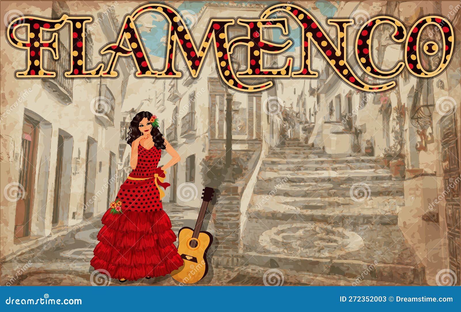 Flamenco Dancer Woman with Guitar, Spanish City Banner, Vector Stock ...