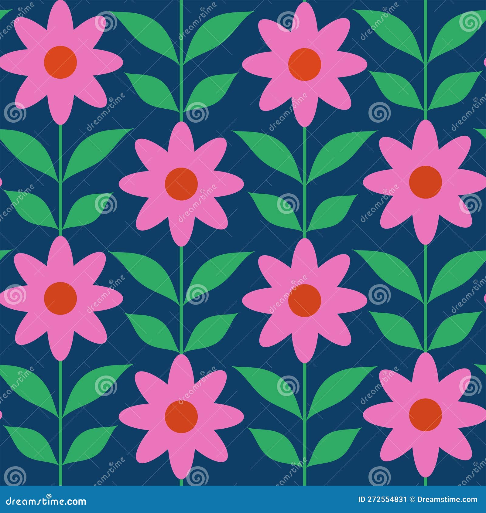 Retro Groovy Pink Flowers with Green Leaves Seamless Pattern on Dark ...