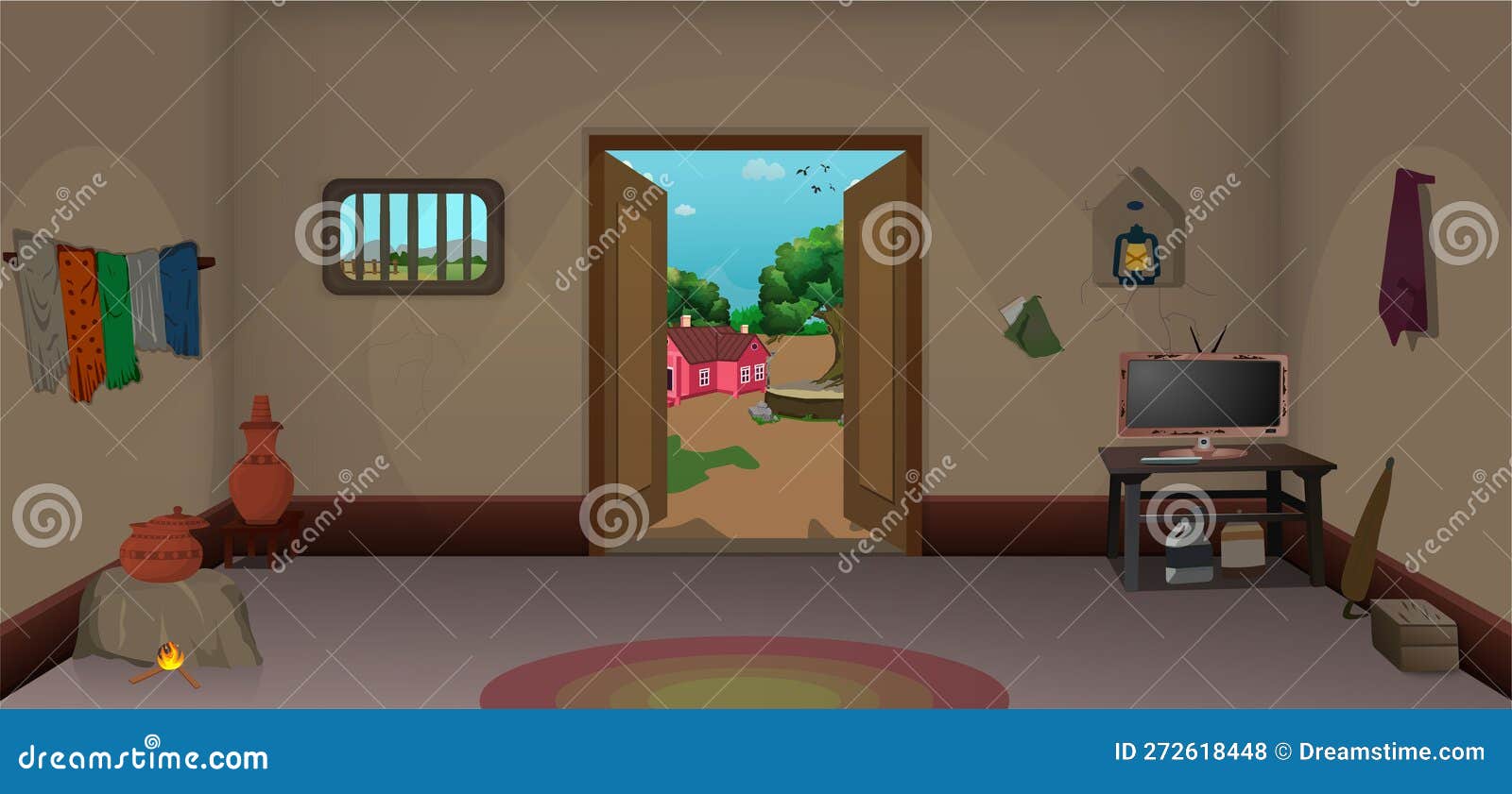 Village Poor Room Inside with Door Cartoon Background, Poor House Room ...