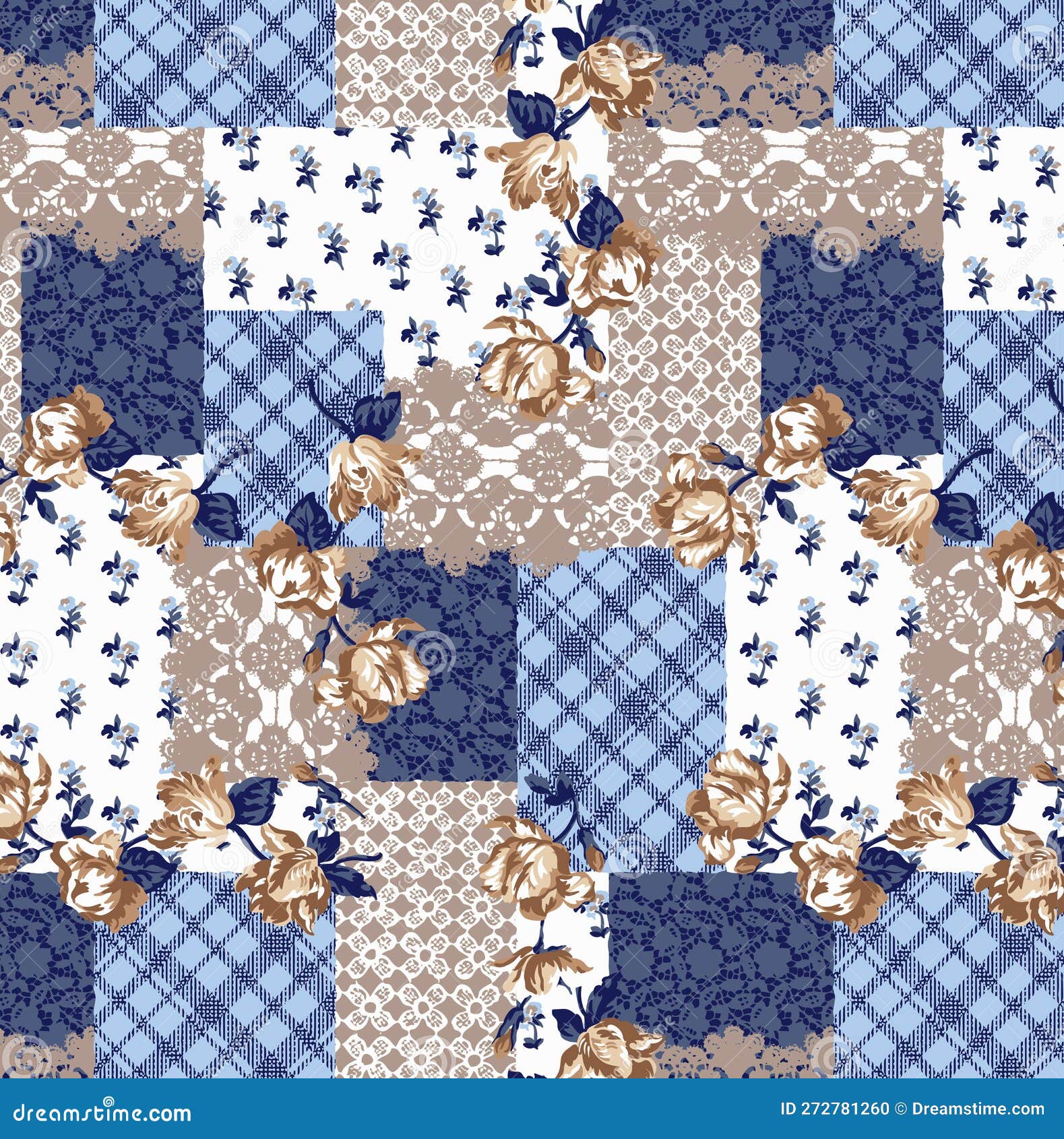 Vector Colorful Abstract Seamless Patchwork Pattern with Rose Floral ...