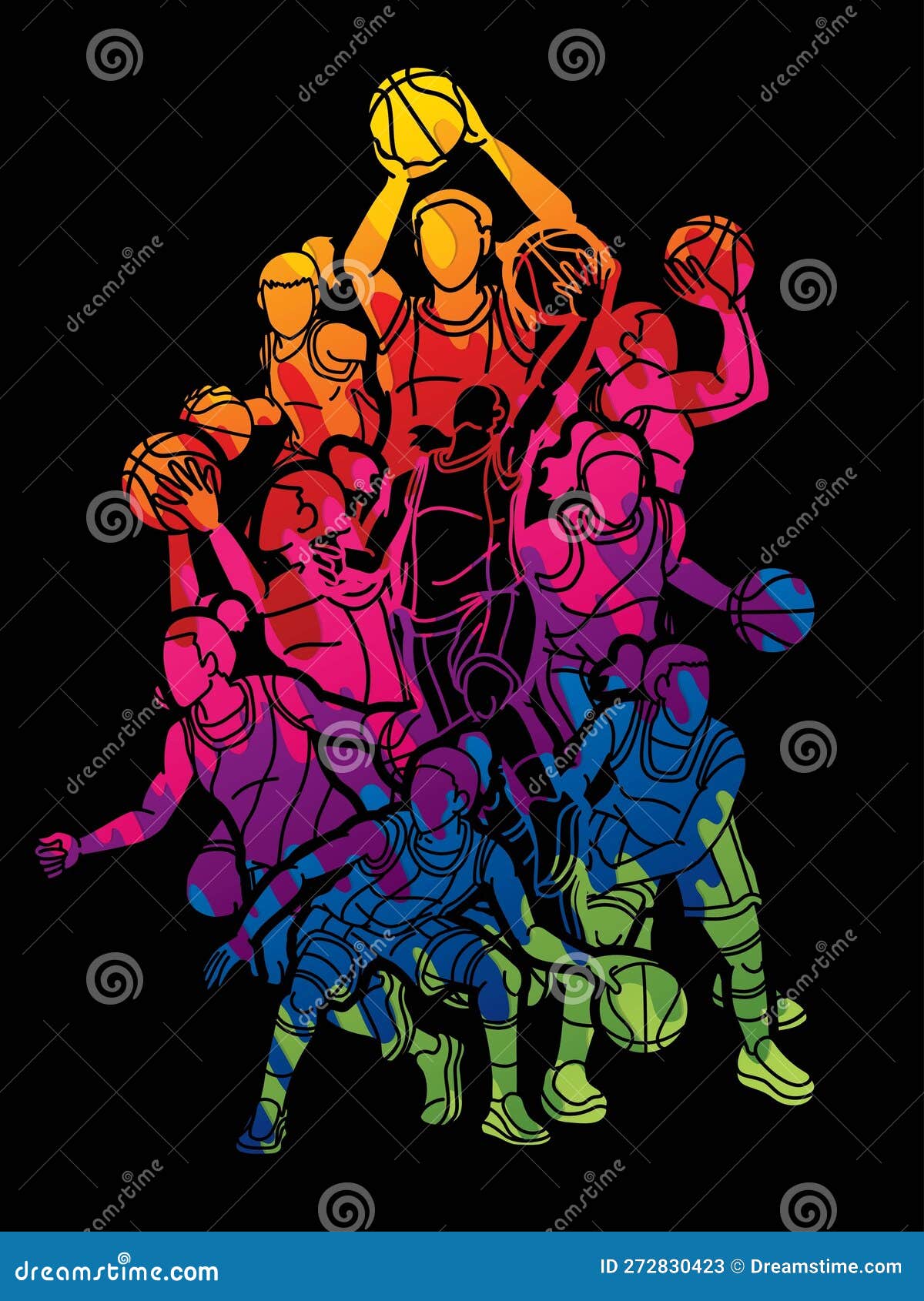 Group of Basketball Women Players Action Cartoon Sport Team Stock ...