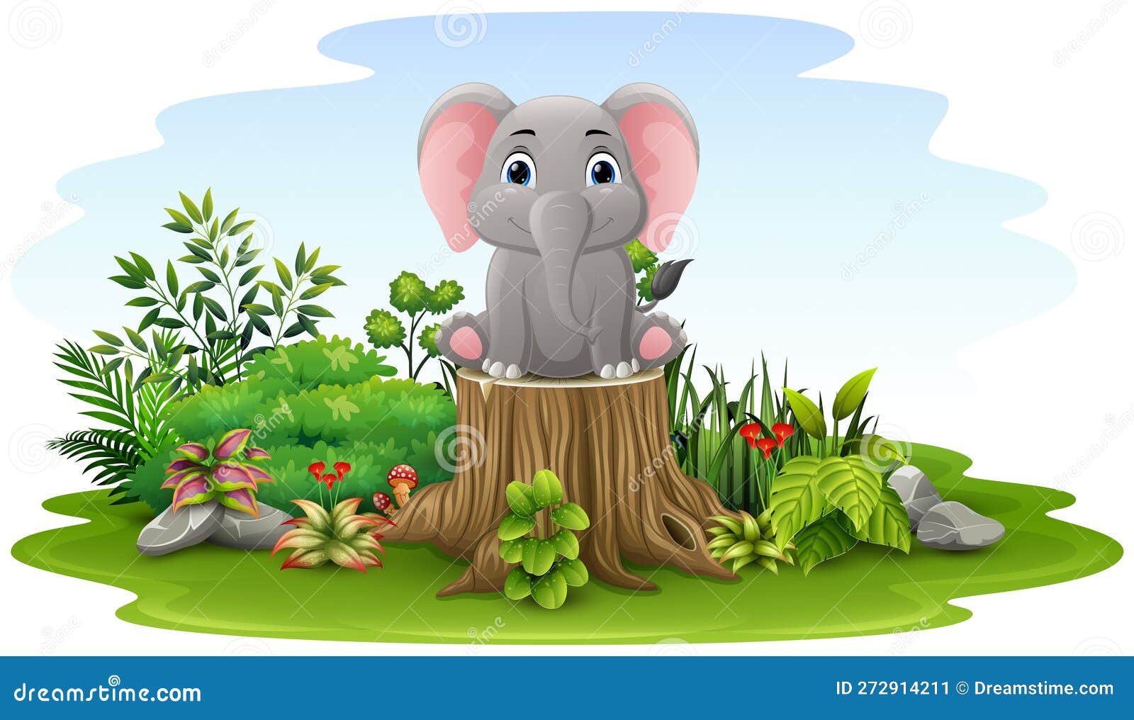 Cartoon Little Elephant Sitting on Tree Stump Stock Vector ...
