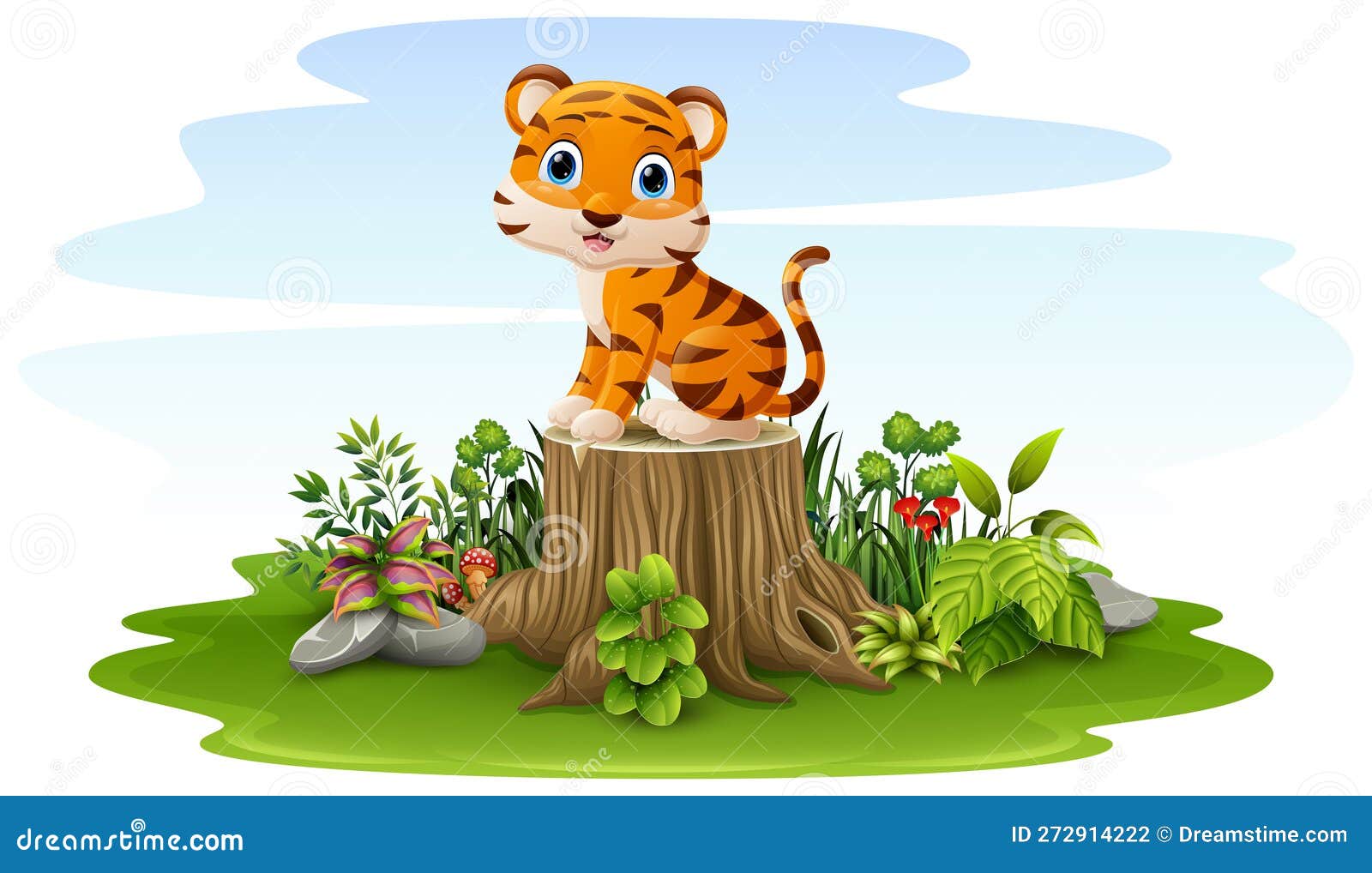 Cartoon Little Tiger Sitting on Tree Stump Stock Vector - Illustration ...