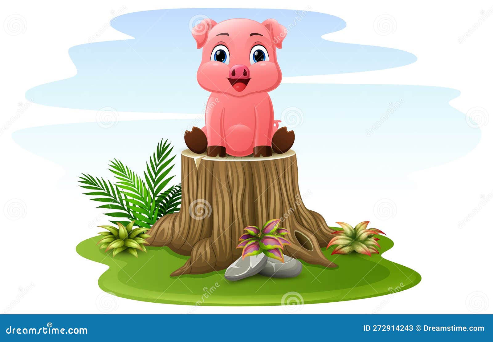 Cartoon Little Pig Sitting on Tree Stump Stock Vector - Illustration of ...