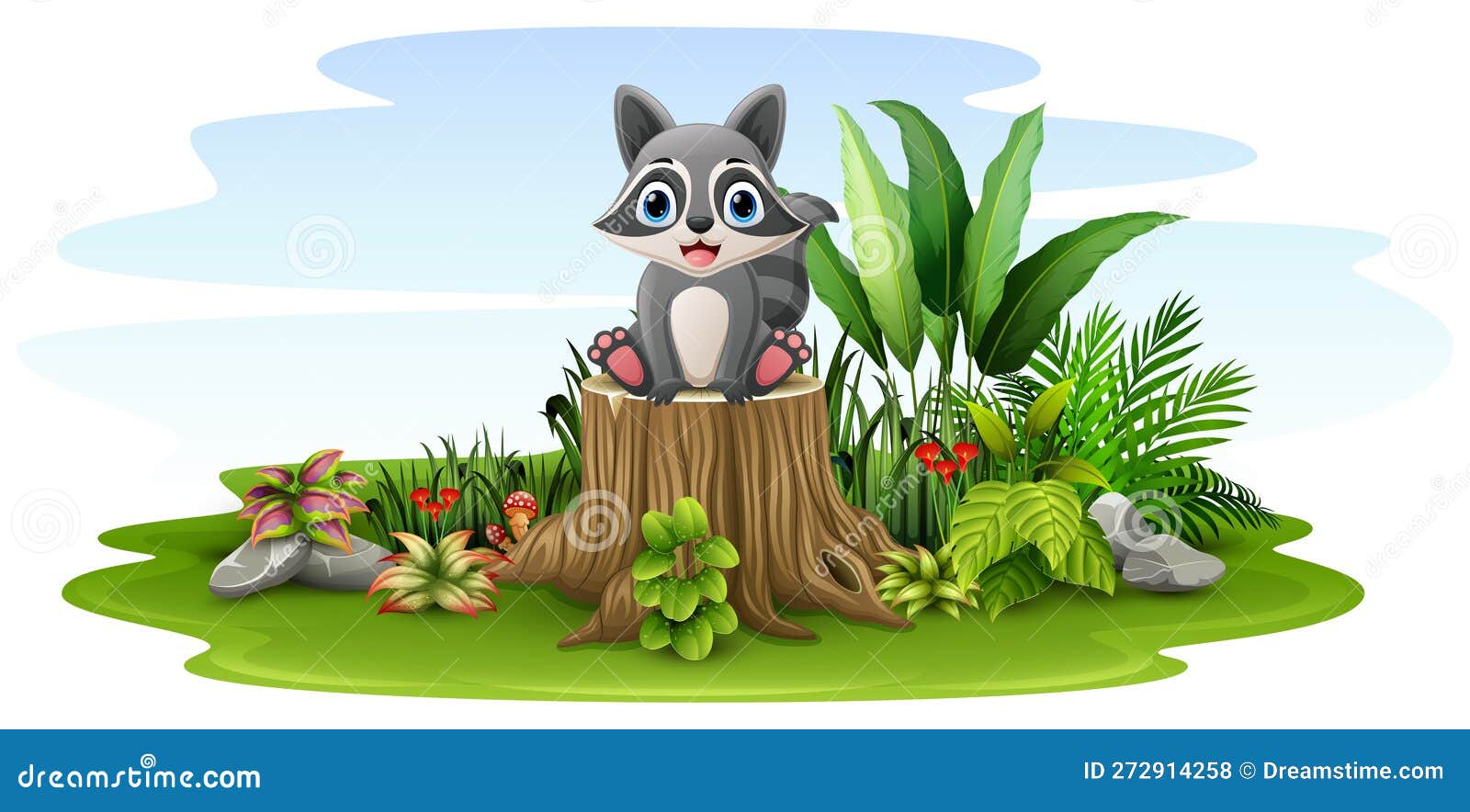 Cartoon Little Raccoon Sitting on Tree Stump Stock Vector ...