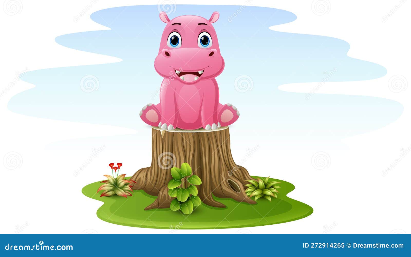 Cartoon Baby Hippo Sitting on Tree Stump Stock Vector - Illustration of ...