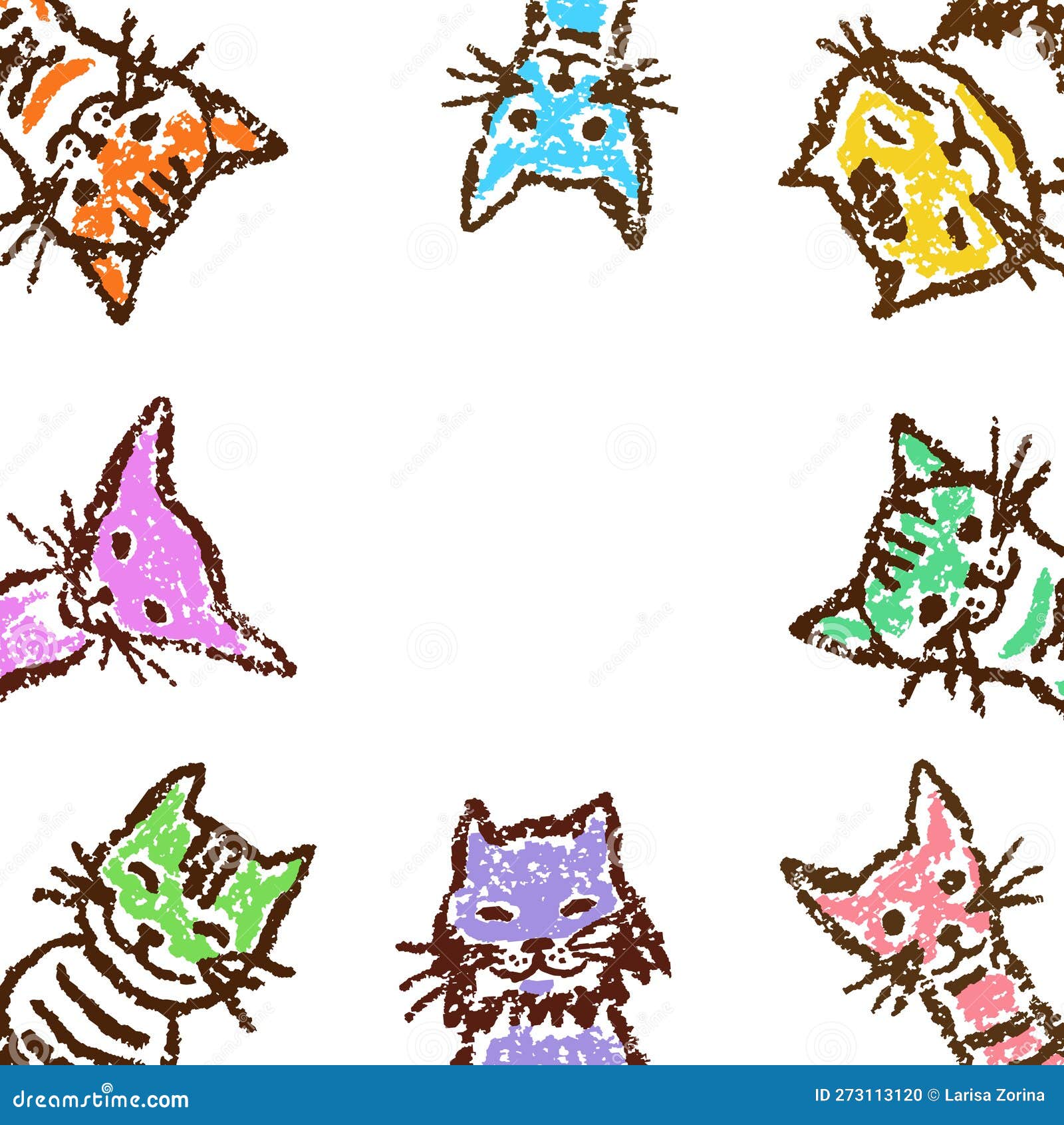 Banner or Frame with Funny Colorful Cats. Wax Crayon Like Child`s Hand ...
