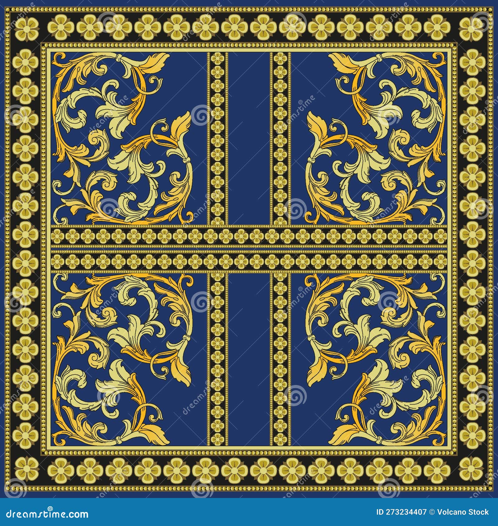 Decorative Pattern of Golden Baroque Motif with Flowers on Blue ...