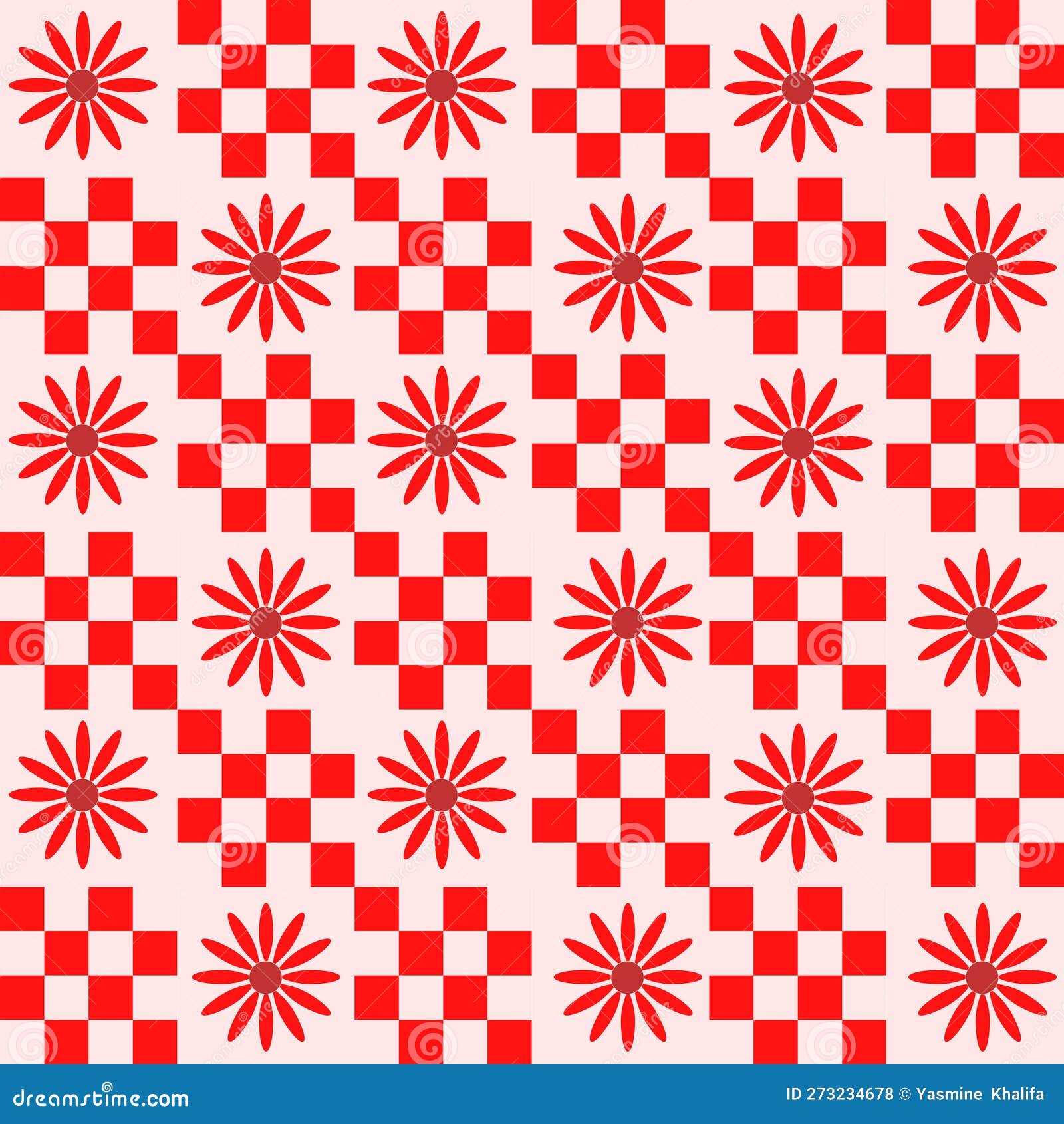 Cute Retro Red Checkered Flowers Seamless Pattern with Little Squares ...