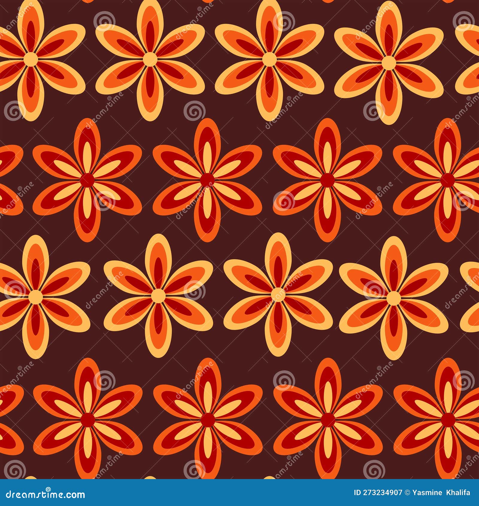 Cute Retro 70s Groovy Hippie Flowers Seamless Pattern in Orange, Yellow ...