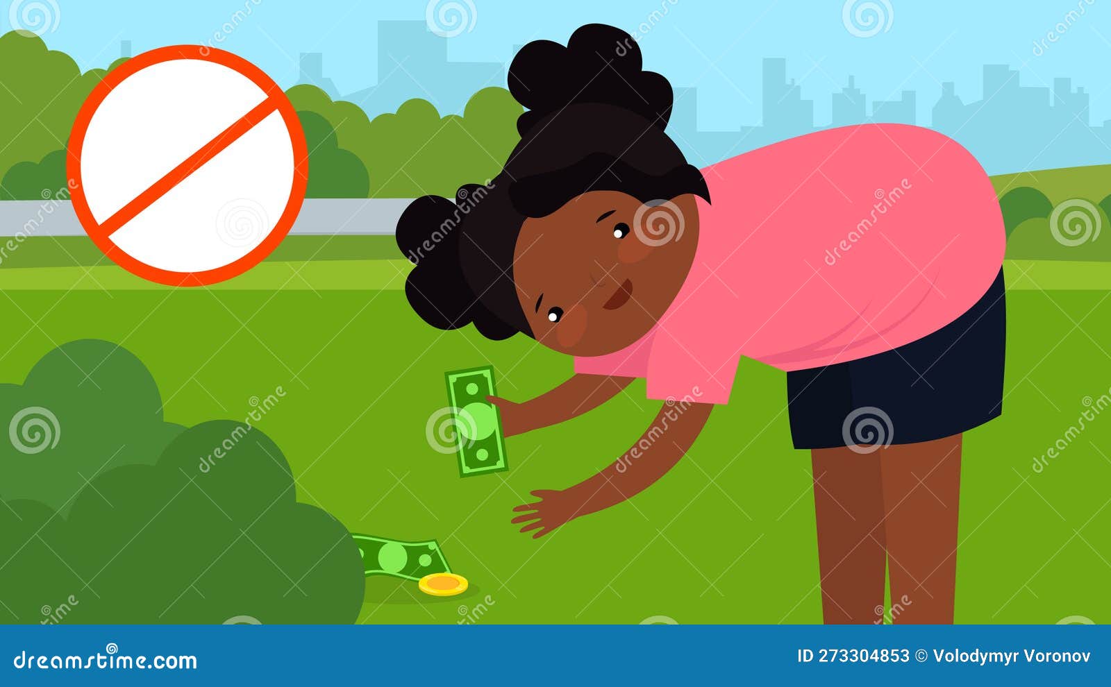 African American Girl Picks Up Money in the Park. Stock Vector ...