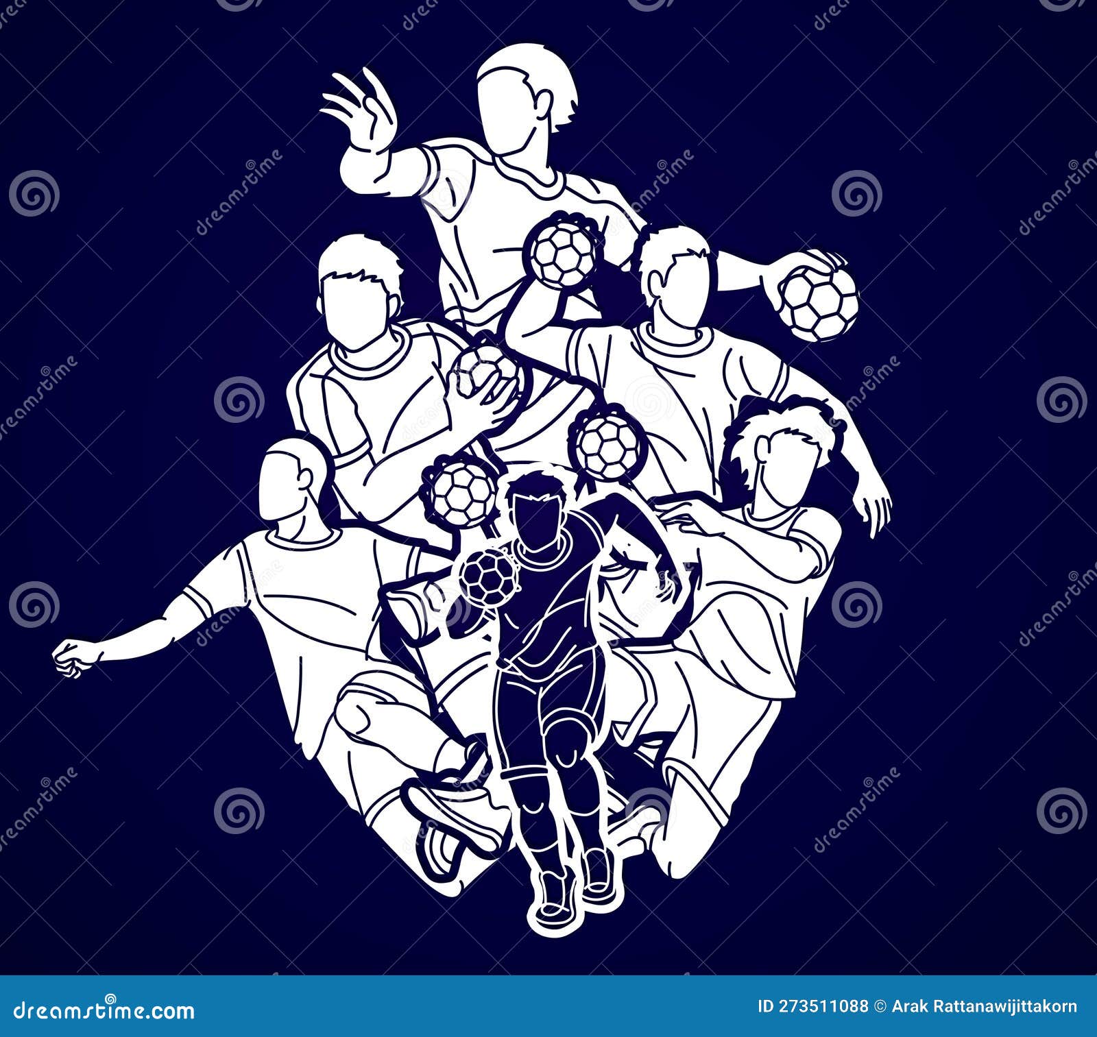 Group of Handball Sport Male Players Team Mix Action Cartoon Stock ...
