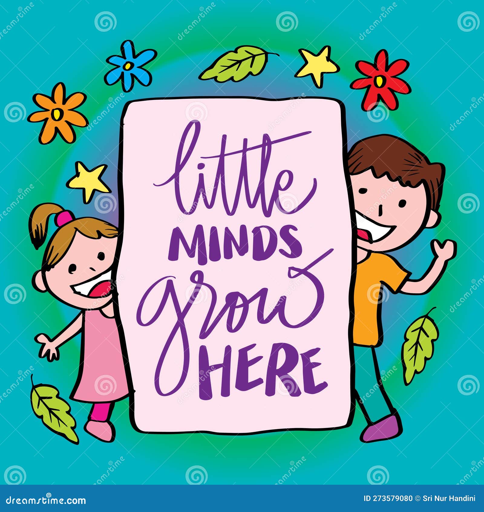 Little Minds Grow Here, Lettering with Happy Kids. Stock Illustration ...