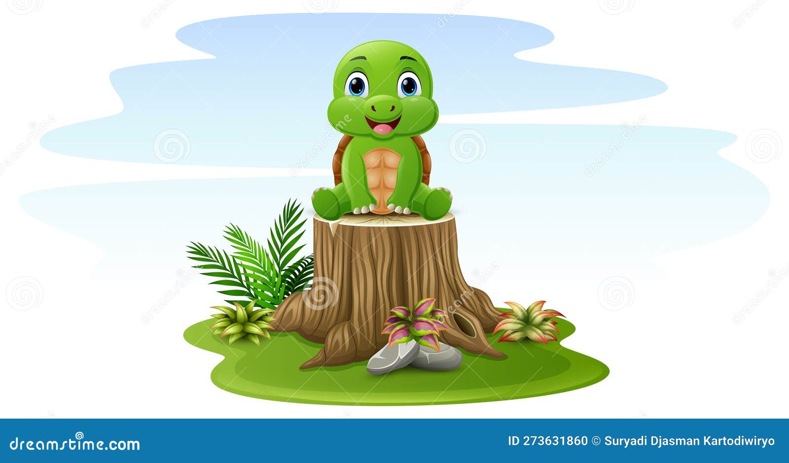 Cartoon Turtle Sitting on Tree Stump Stock Vector - Illustration of ...