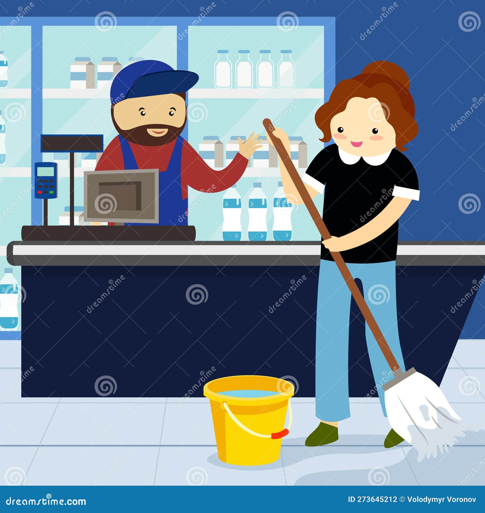 Cleaning Service. Woman Cleaning the Shop Near the Cash Register Stock ...