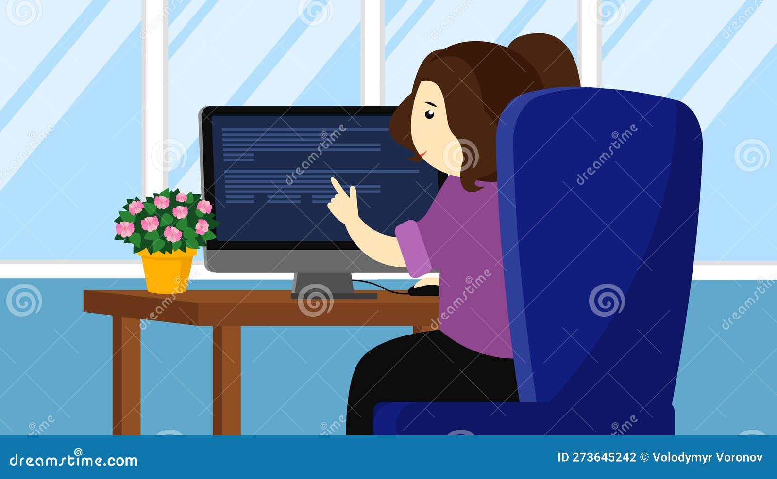 Woman Working on a Computer in the Office. Stock Vector - Illustration ...