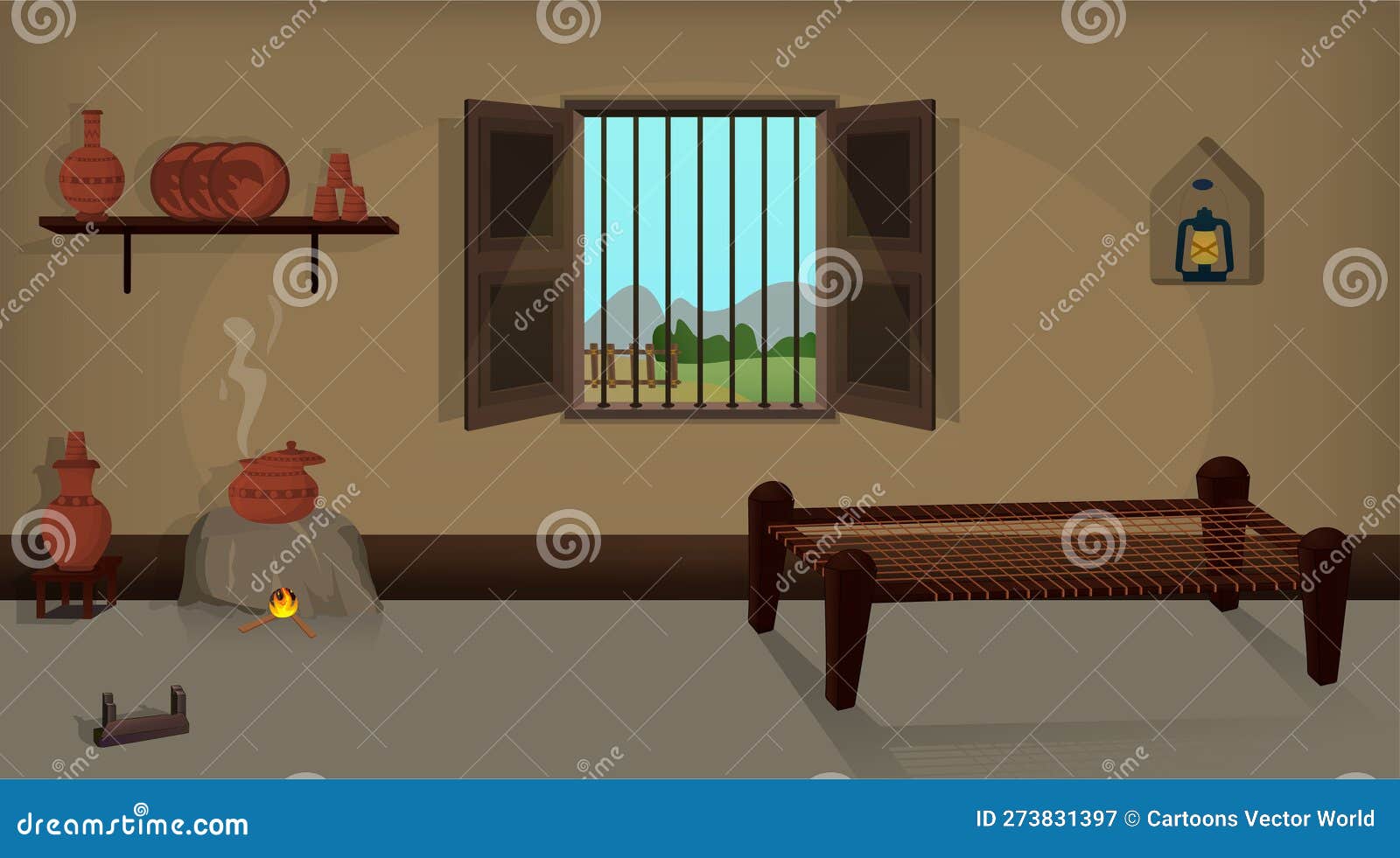 Village Room Inside Vector, Poor Mud House Room Interior Cartoon ...