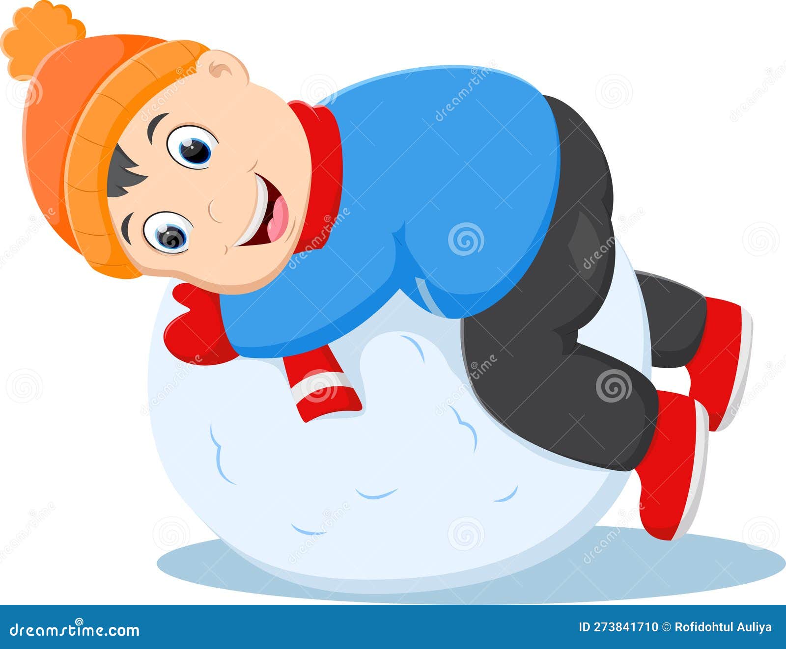 Happy Cartoon Boy in Winter Clothes Making a Big Snowball Stock ...
