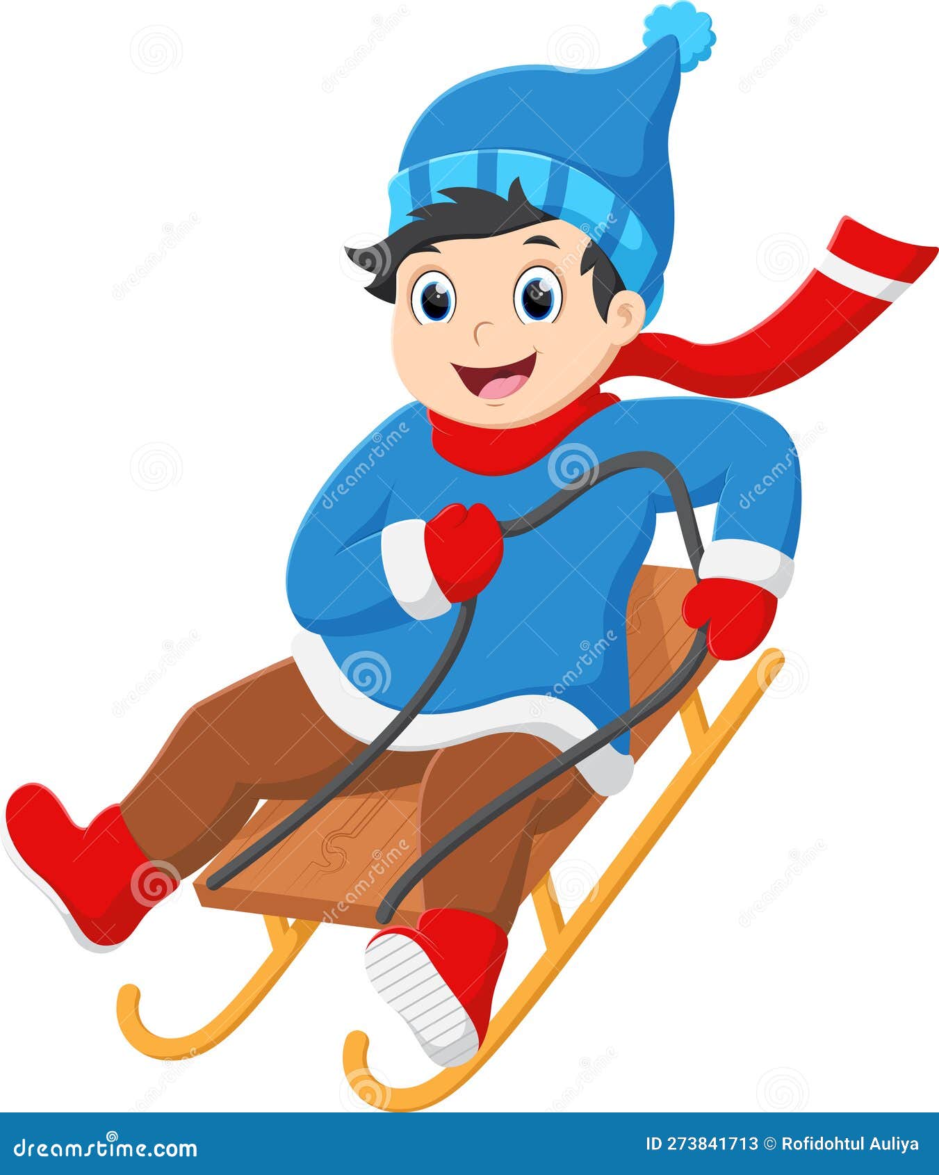 Happy Cartoon Little Boy Sledding Down Stock Illustration ...