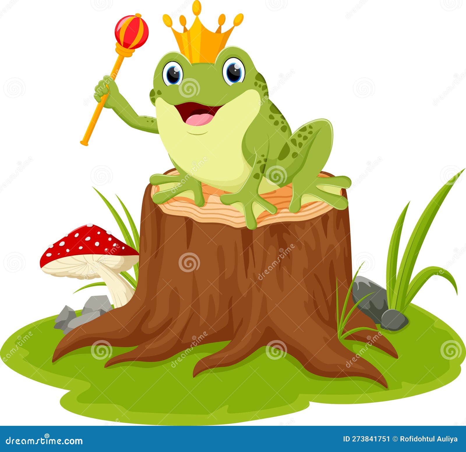Cartoon Happy King Frog on Log Wood Stock Illustration - Illustration ...