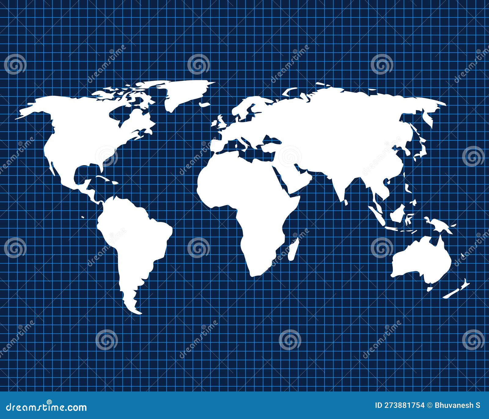 White Colored World Map Design Isolated on Blue Neon Grid - Vector ...