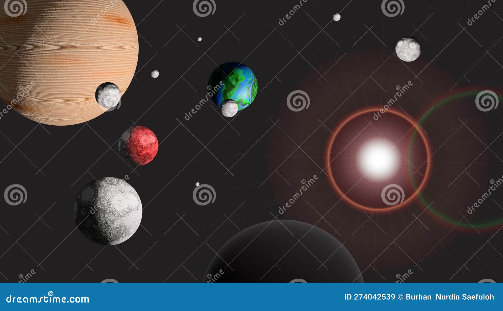 Space Illustration with Earth, Mars, Jupiter, Moon, Some Asteroid, and ...