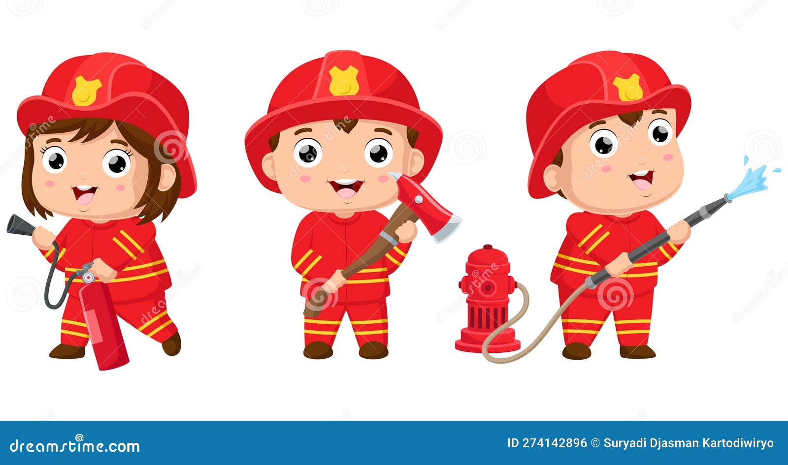 Cute Fire Fighter Team Cartoon with Safety Tools Stock Vector ...