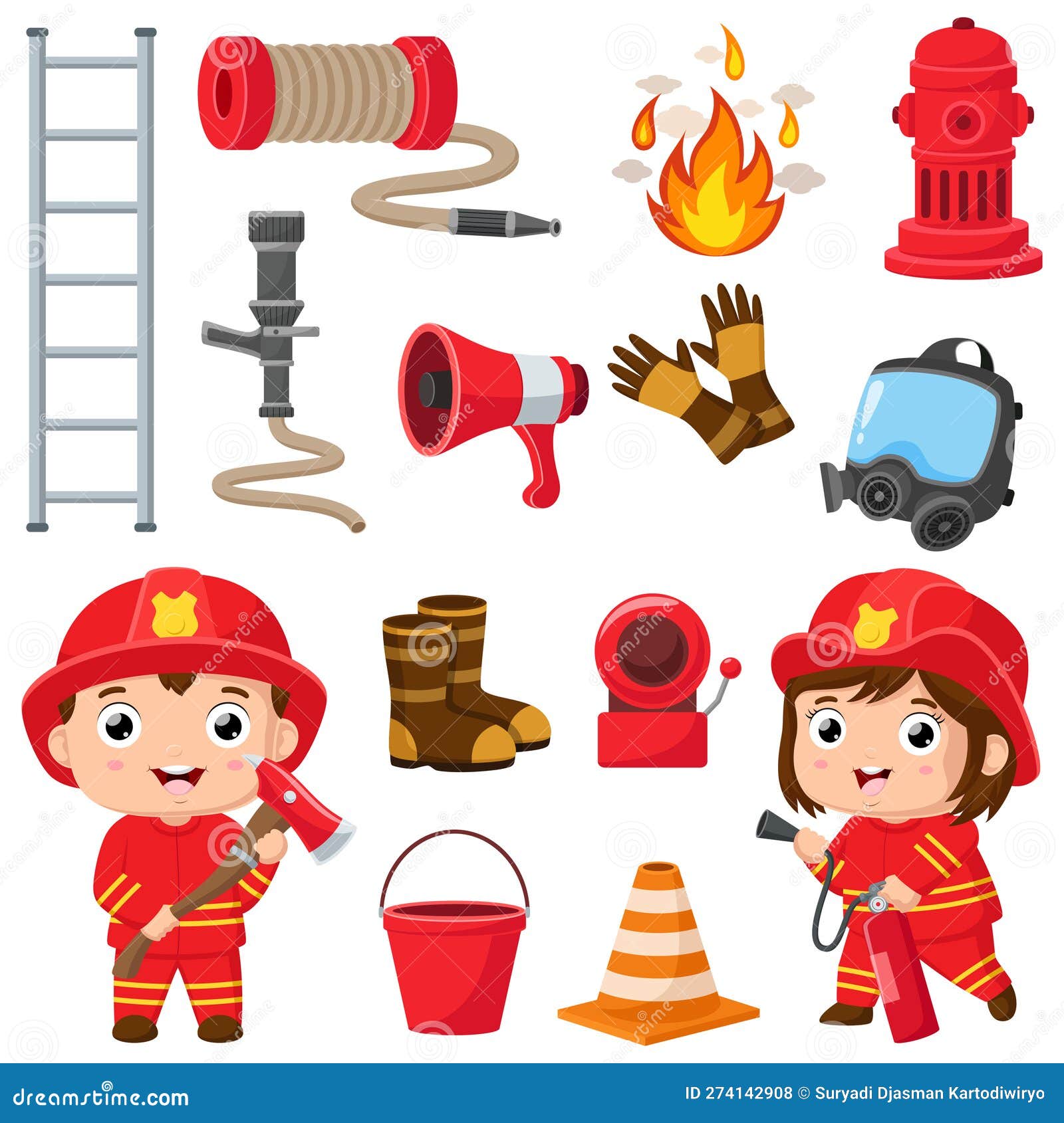 Set of Firefighting Elements Cartoon Stock Vector - Illustration of ...