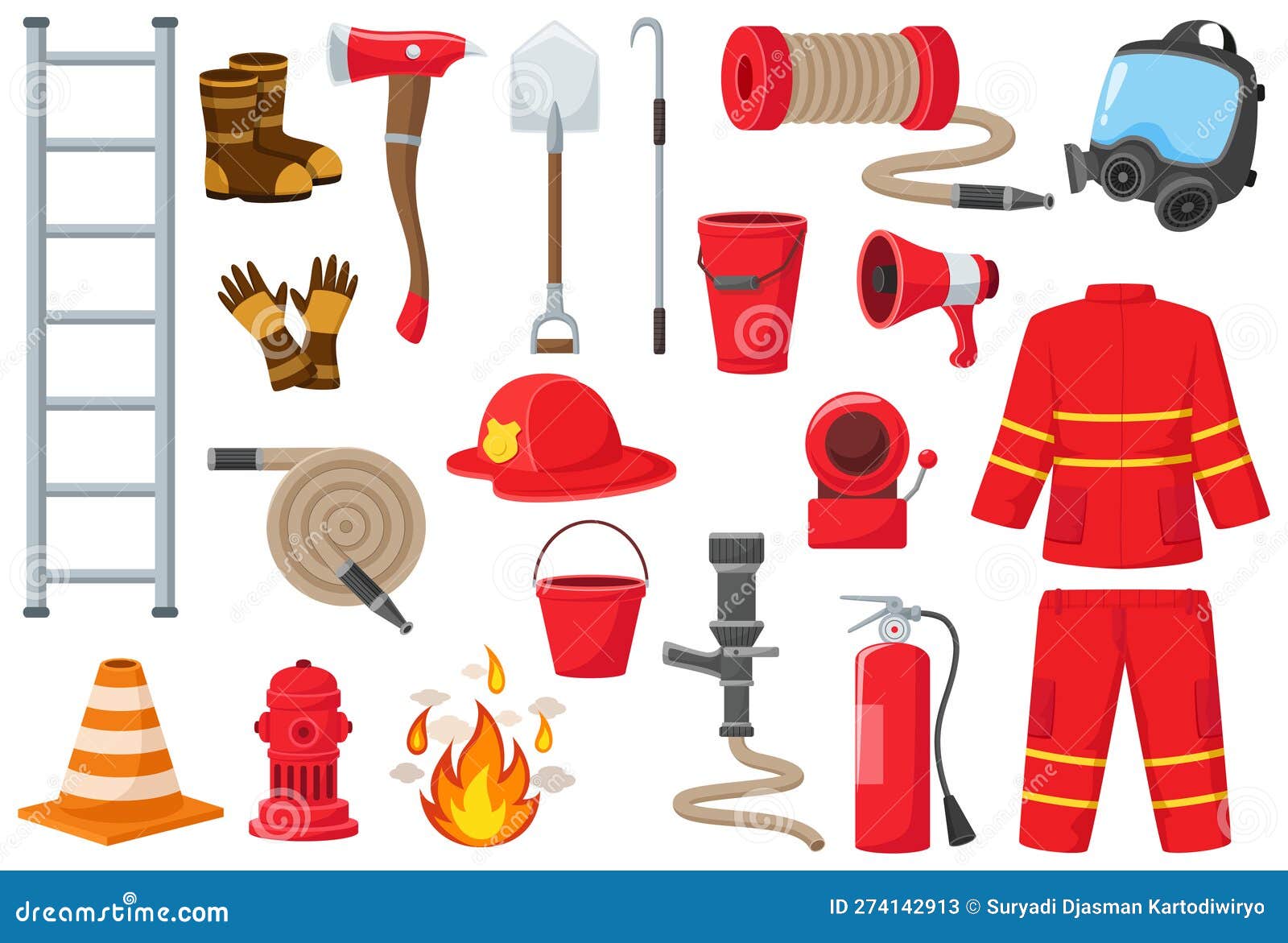 Set of Firefighting Elements Cartoon Stock Vector - Illustration of ...