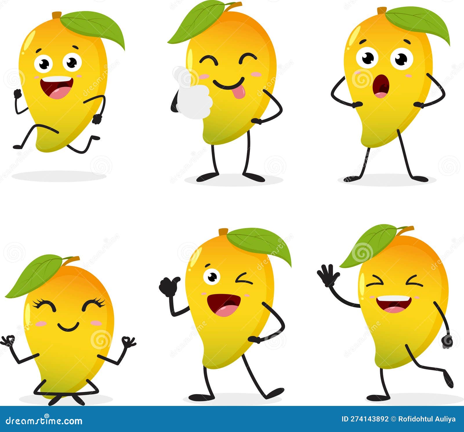 Set of Cute Mango Cartoon, Exotic Fruit Character Isolated on White ...