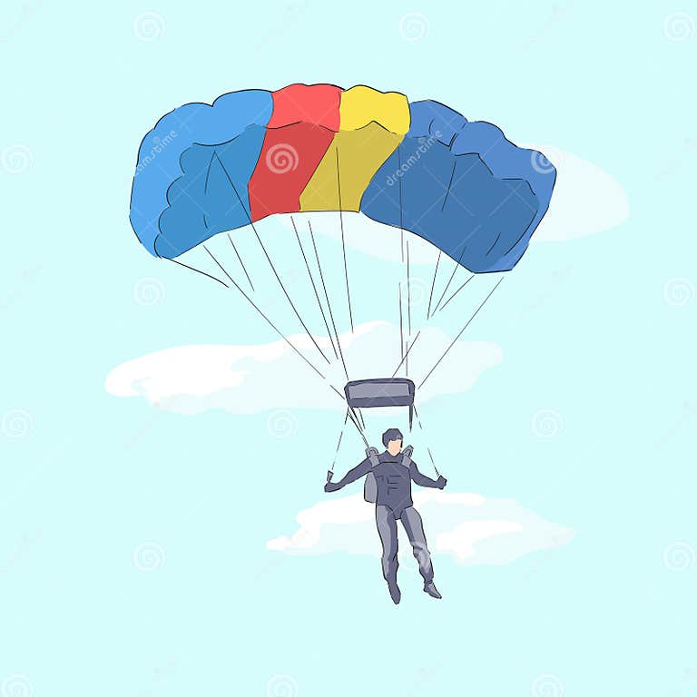 Man Descends on a Parachute, Drawing in Vector. Stock Illustration ...