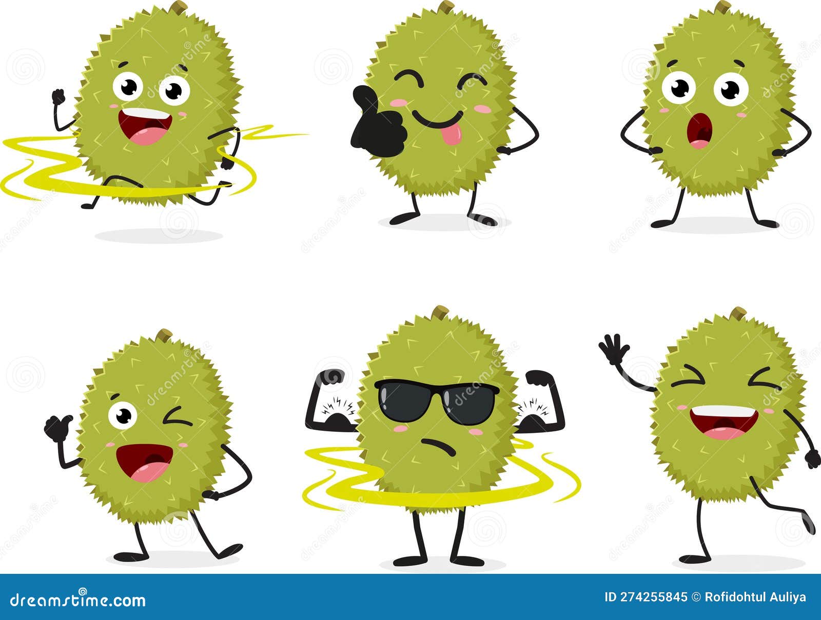Cute Durian Cartoon, with Different Expressions Stock Illustration ...