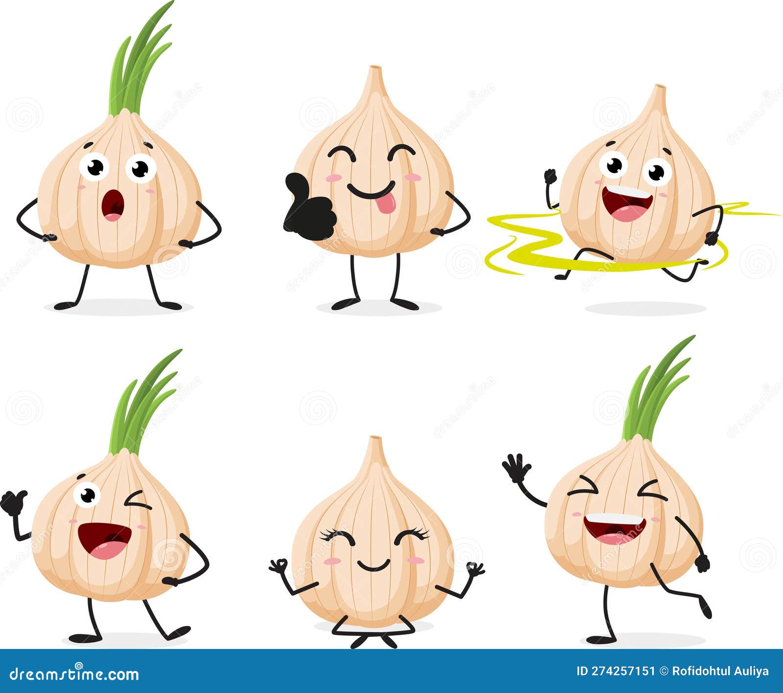 Set of Cute Cartoon Garlic with Different Characters Stock Illustration ...