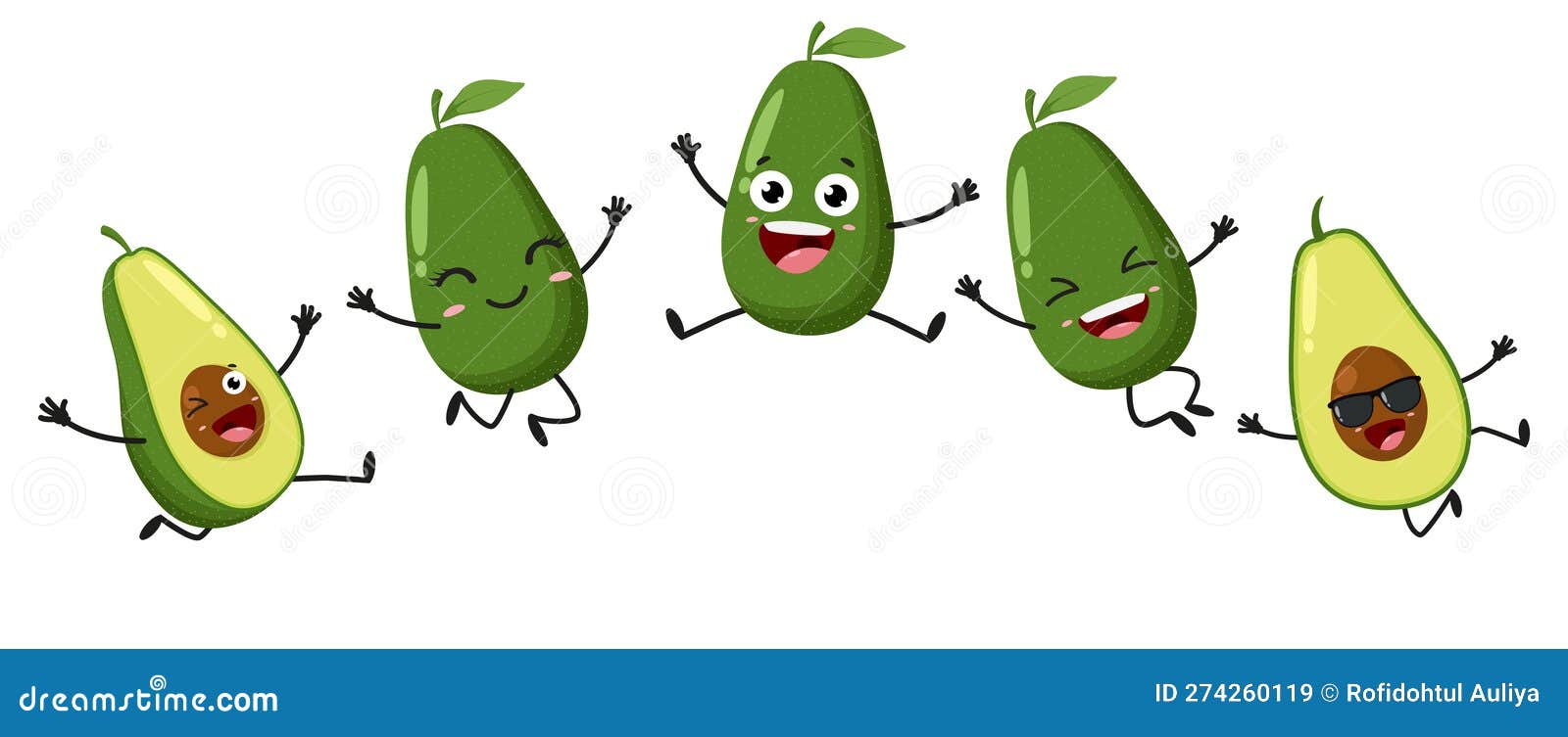 Happy Cartoon Avocado Jumping with Many Expression Stock Illustration ...