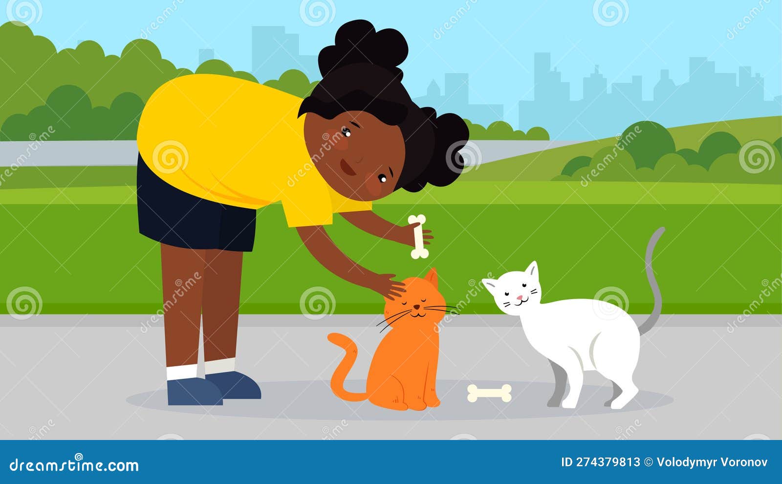 African American Girl Throwing Bones in the Trash Can. Vector ...