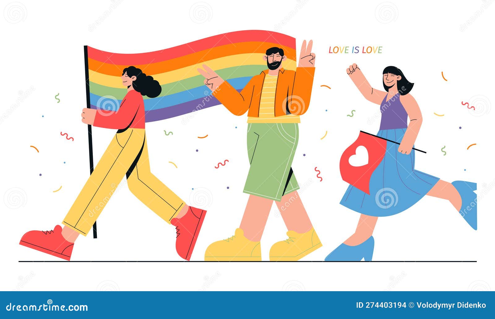 People Walking on a Pride Month Parade with Rainbow Flag. Vector Flat ...