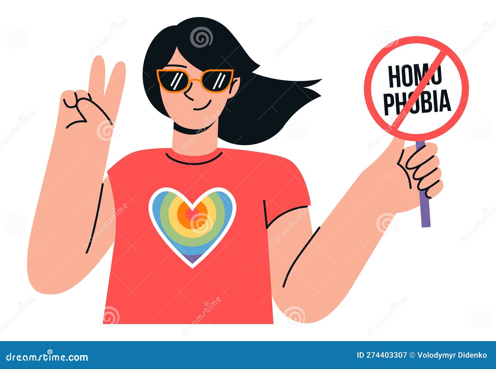 Smiling Woman with a Poster Stop Homophobia and Rainbow Heart on Tshirt ...