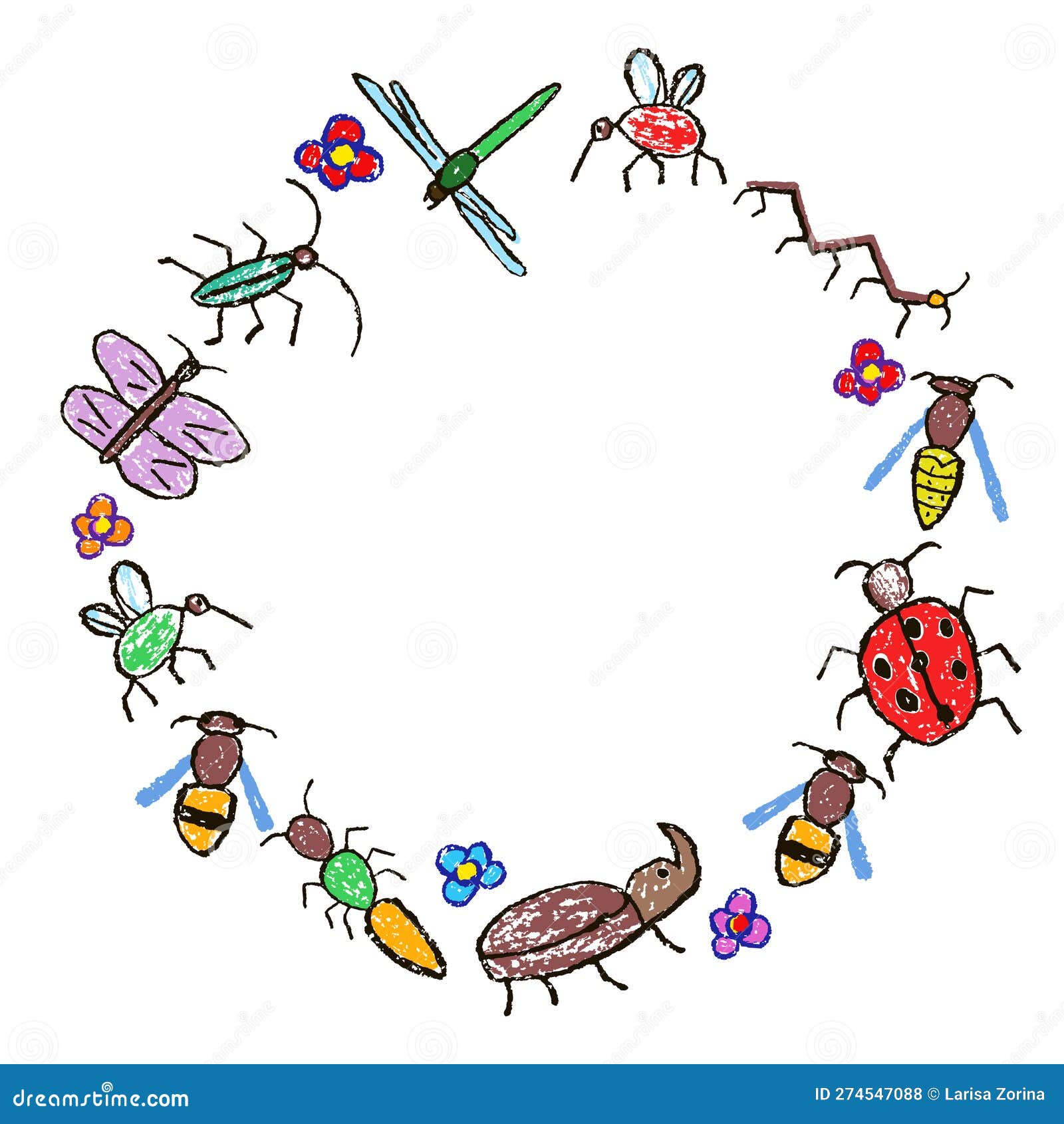 Crazy Doodle Insects Round Frame Background. Crayon Like Kid`s Hand ...