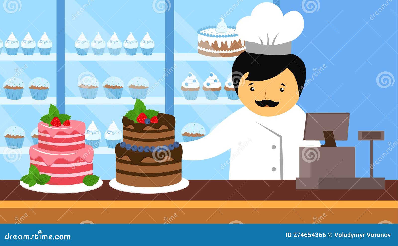 A Pastry Chef in a Restaurant Kitchen with Cake. Stock Vector ...