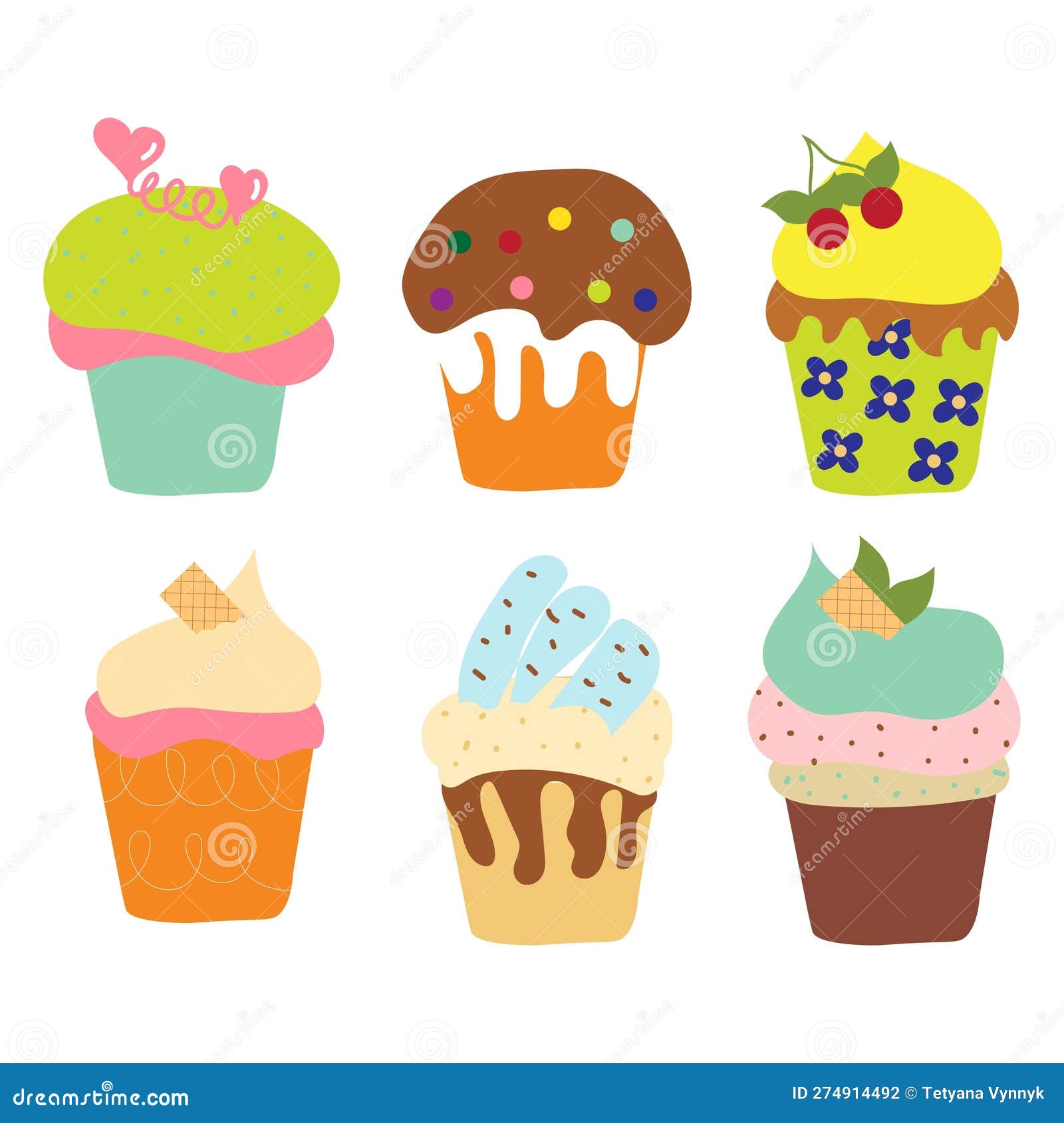 Set of Cupcakes. Vector Cute Cartoon Illustration. Bakery Shop, Dessert ...
