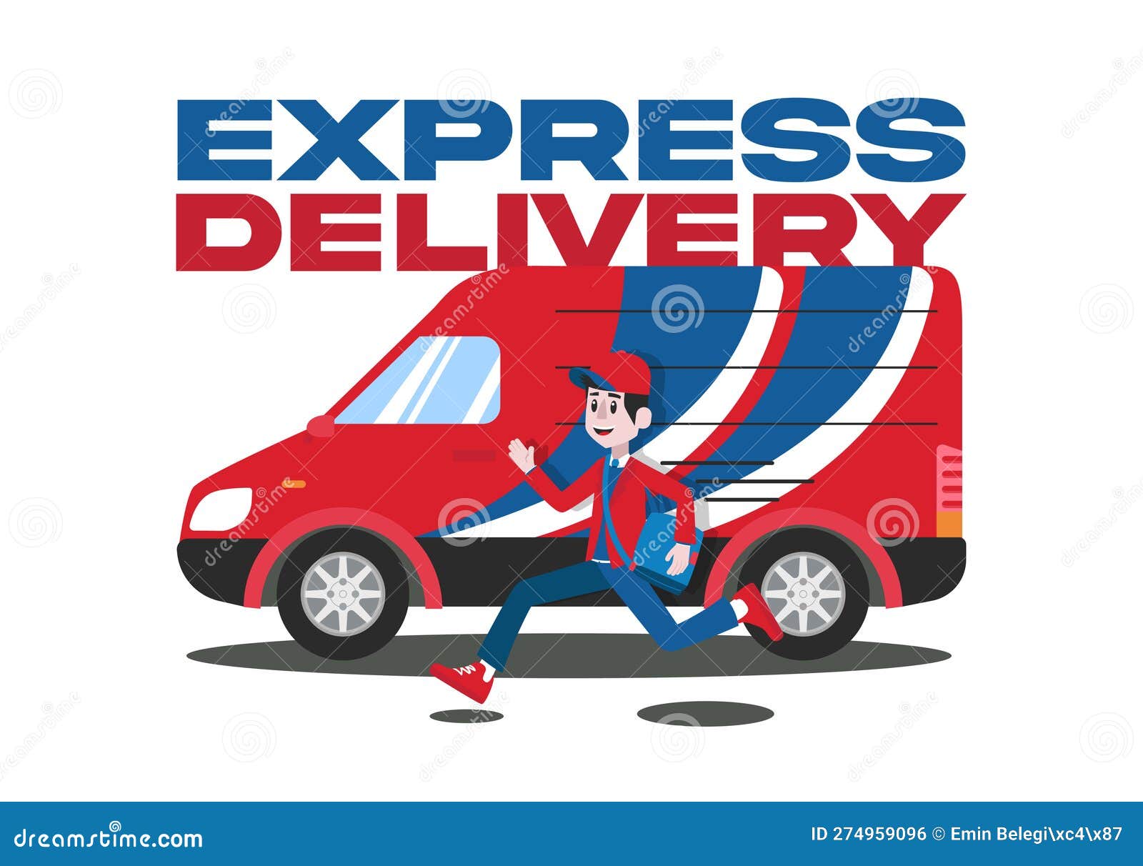Express Delivery Van with Postman Running with Bag. Vector Design Stock ...