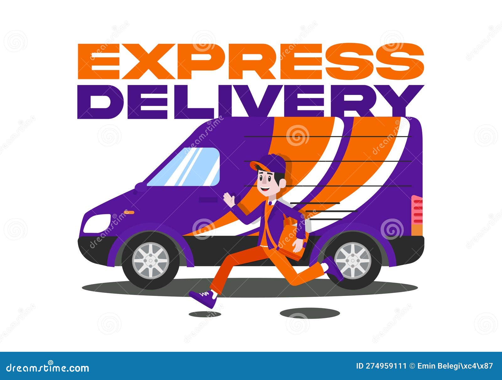 Express Delivery Van with Postman Running with Bag. Vector Design Stock ...