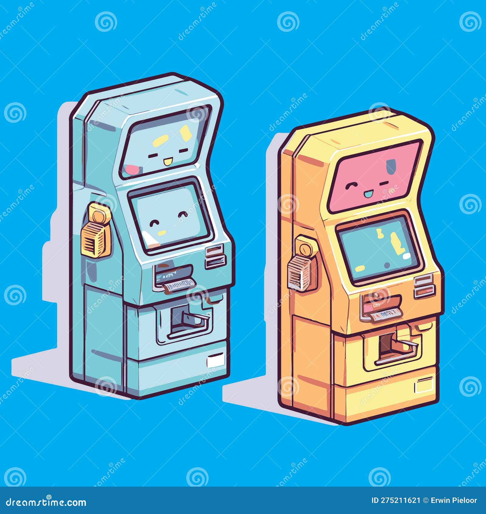 Kawaii Vector Illustration of an Old-fashioned ATM Machine on a Blue ...