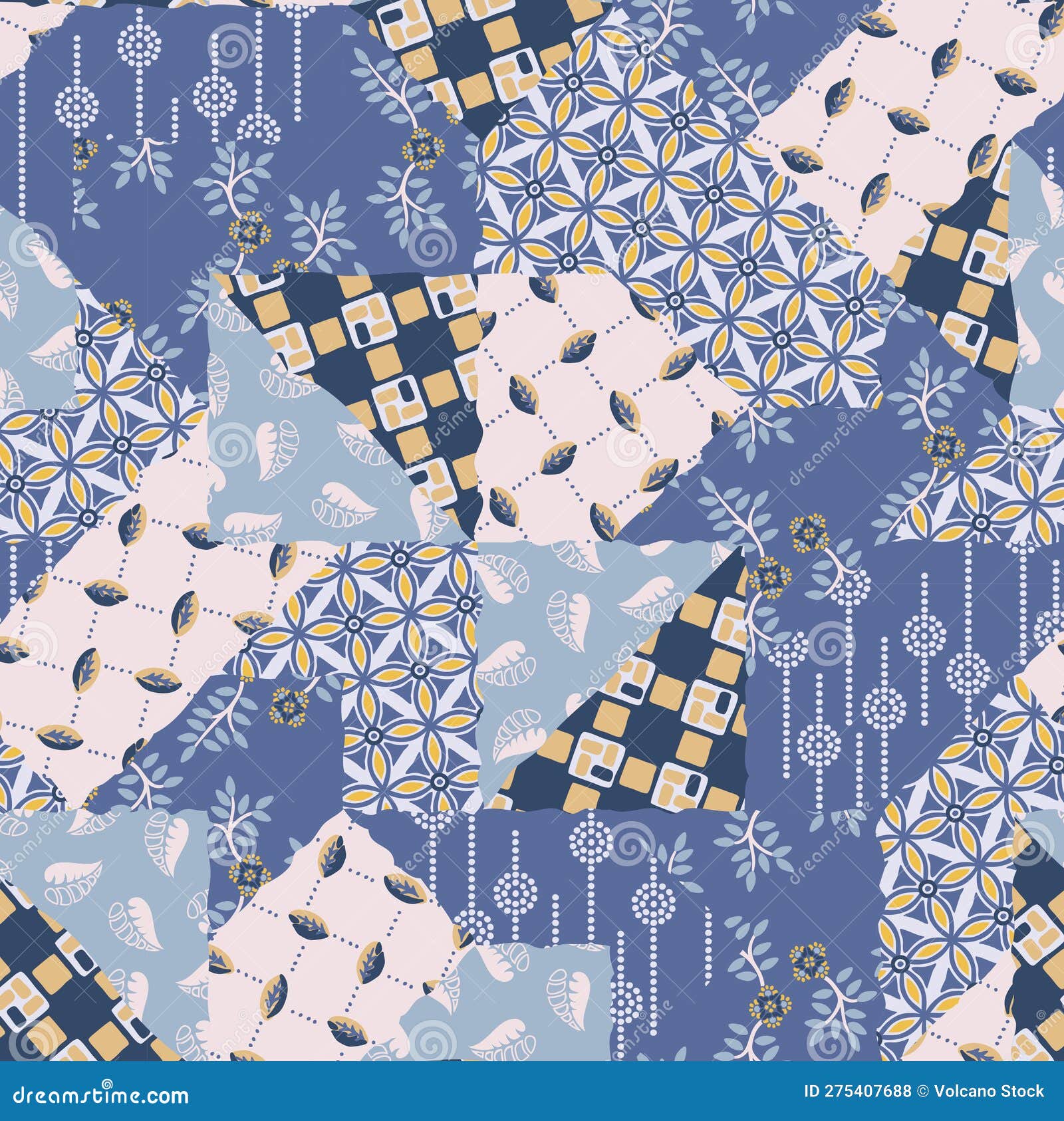 Vector Colorful Abstract Hand Drawn Seamless Patchwork Pattern with Floral Ornaments, Stylized ...